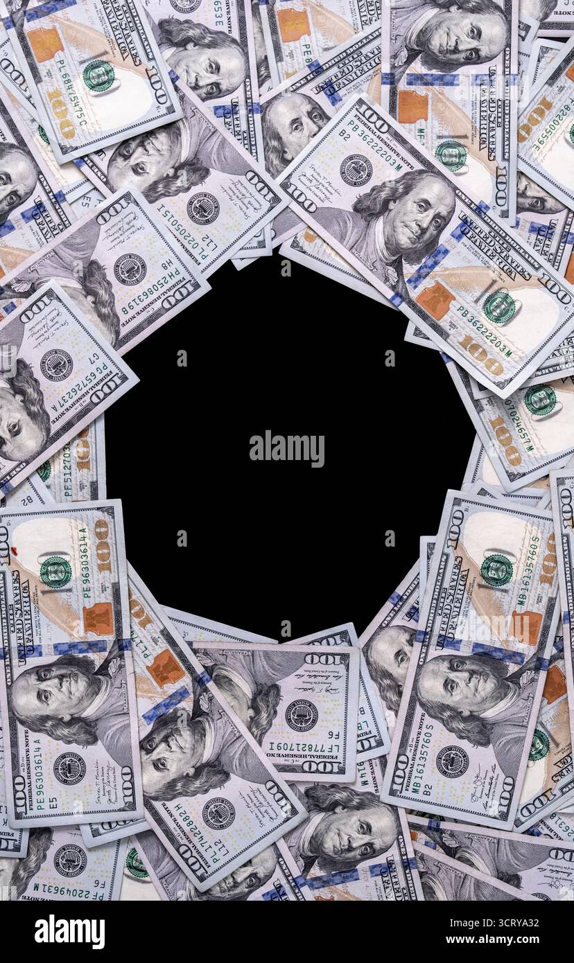 Money hole with bills and copy space for text. US banknotes design. 100 ...