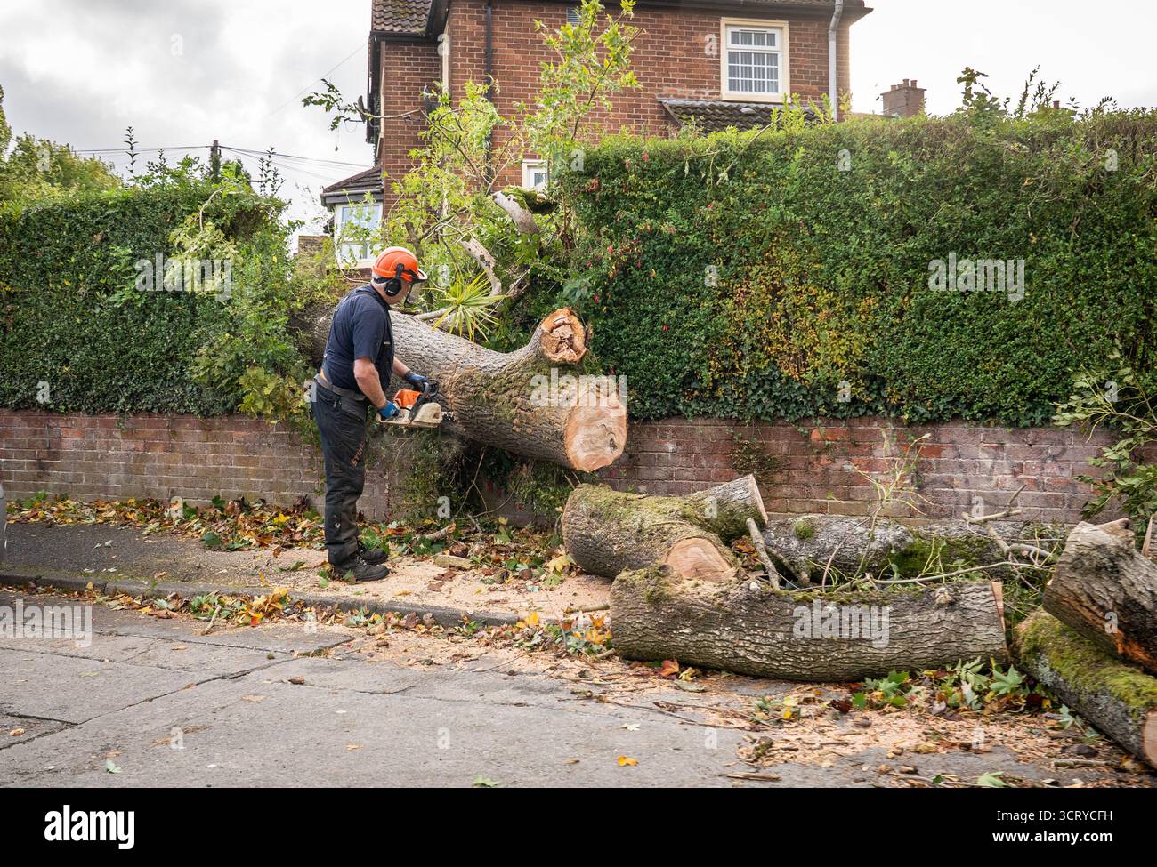 Derry, Northern Ireland. 3 October 2025. A contractor works to remove a ...