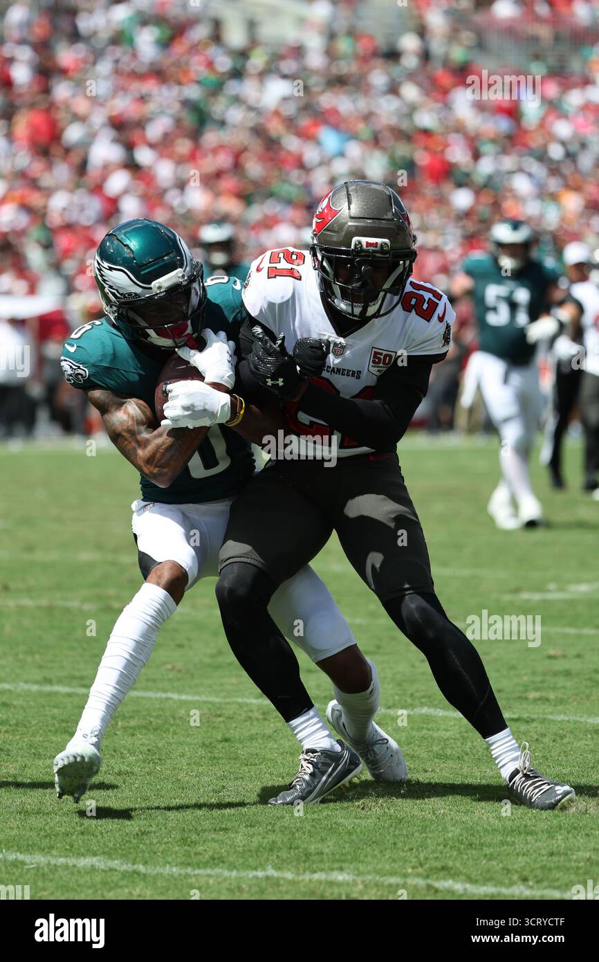 Philadelphia Eagles wide receiver Devonta Smith (6) is hit by Tampa Bay Buccaneers cornerback ...