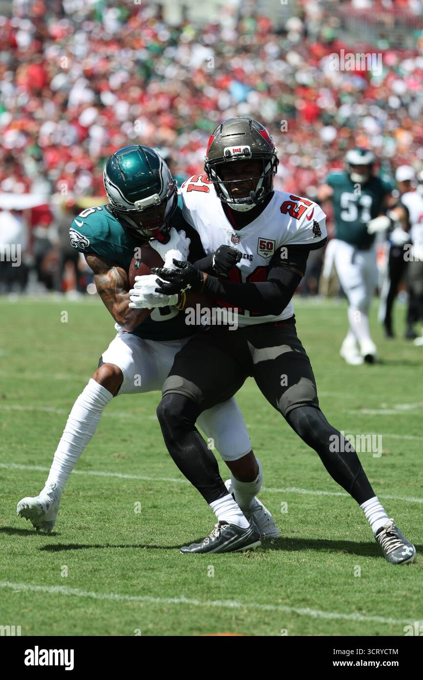 Philadelphia Eagles wide receiver Devonta Smith (6) is hit by Tampa Bay ...
