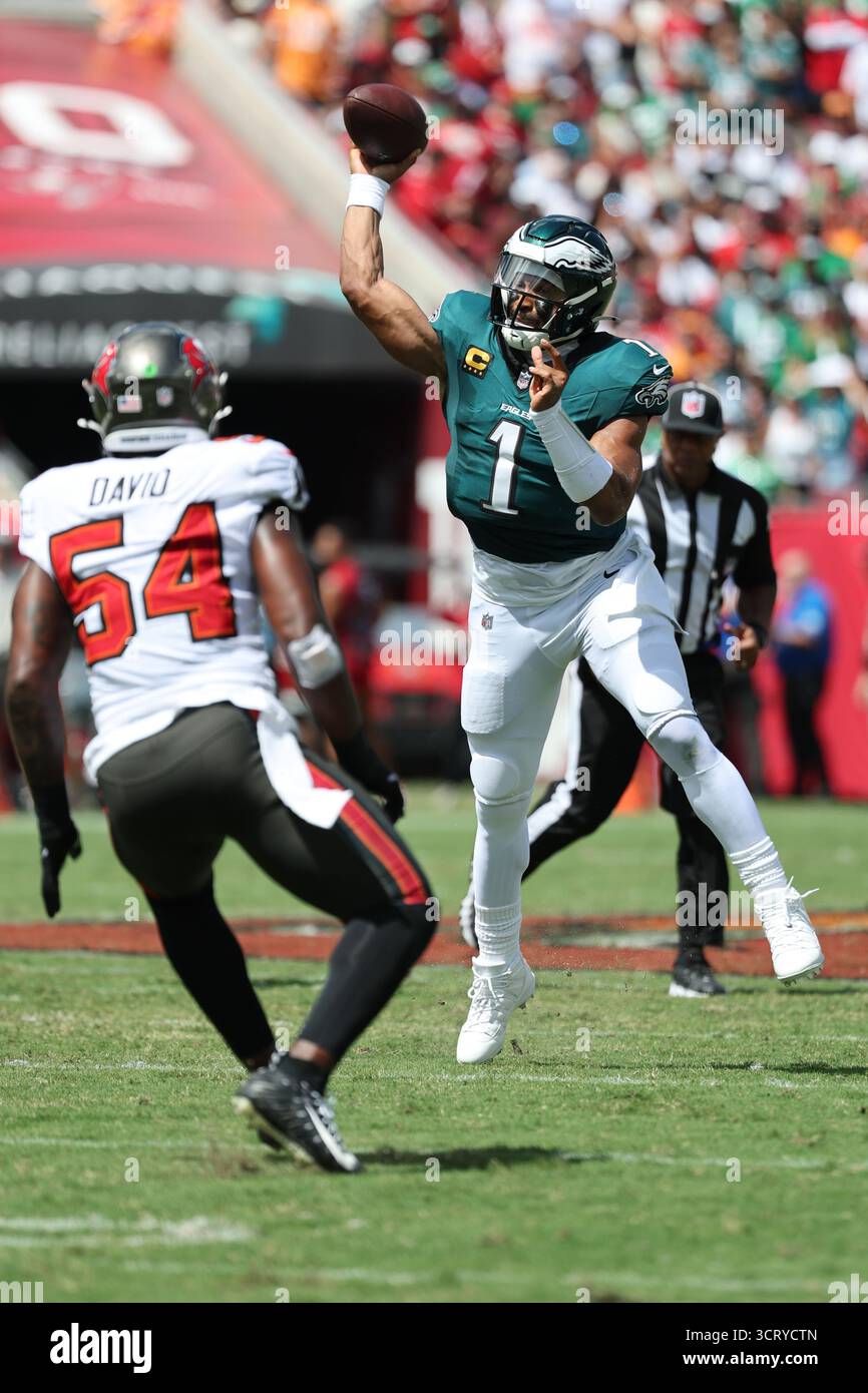 Philadelphia Eagles quarterback Jalen Hurts (1) throws a pass during an NFL football game ...