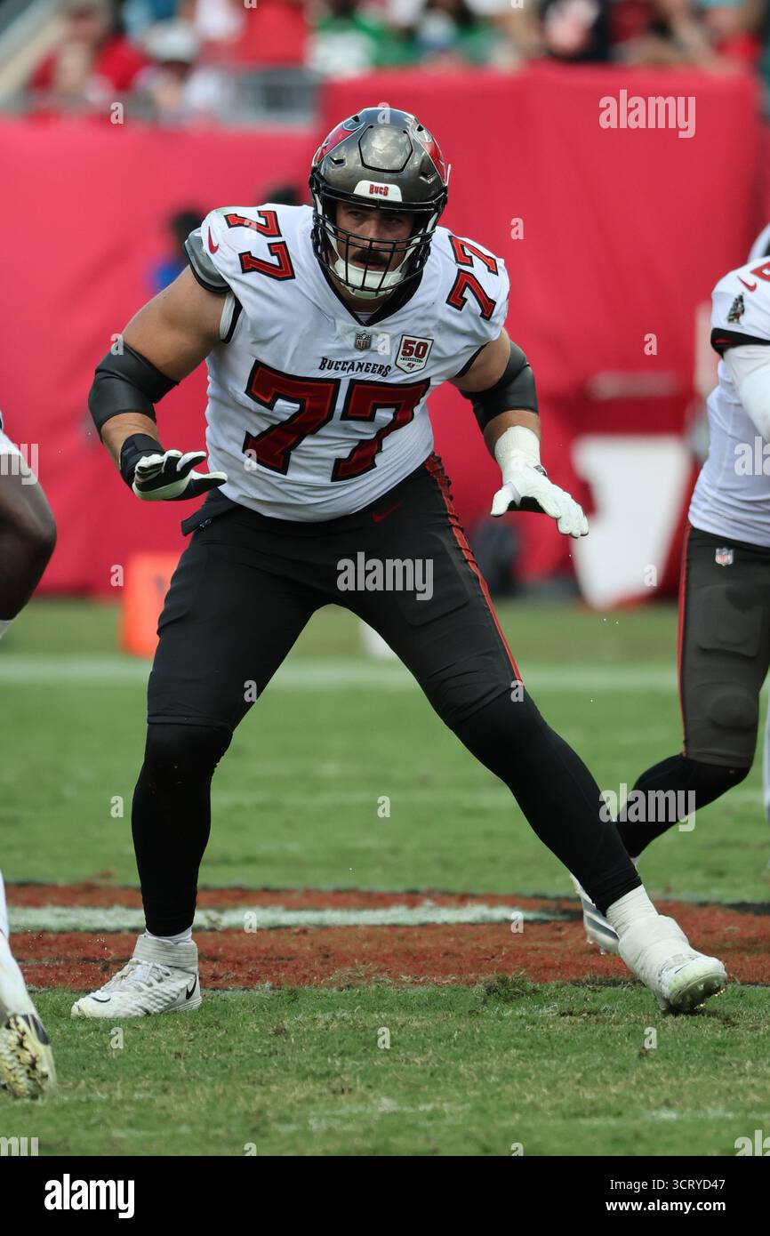 Tampa Bay Buccaneers offensive tackle Charlie Heck (77) sets to block ...