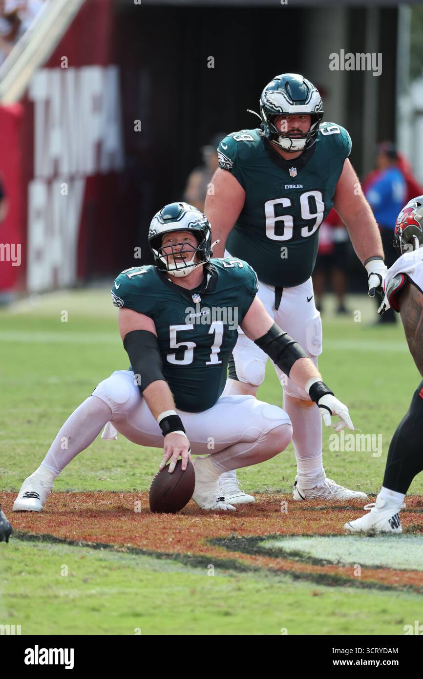 Philadelphia Eagles center Cam Jurgens (51) calls out plays against the ...
