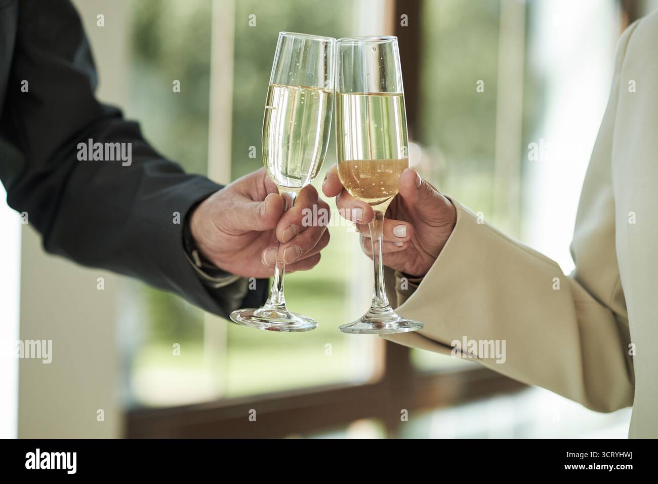 Caucasian middle aged man and Caucasian middle aged woman clinking ...