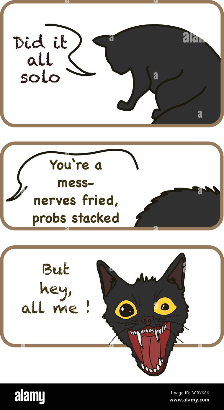 Humorous comic strip of a black cat expressing chaotic self-pride in ...
