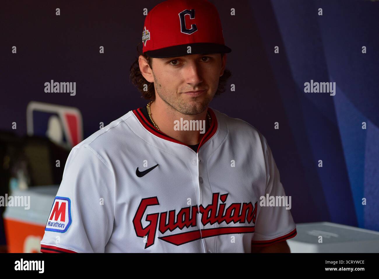 Cleveland Guardians' Chase DeLauter walks in the dugout before Game 3 ...