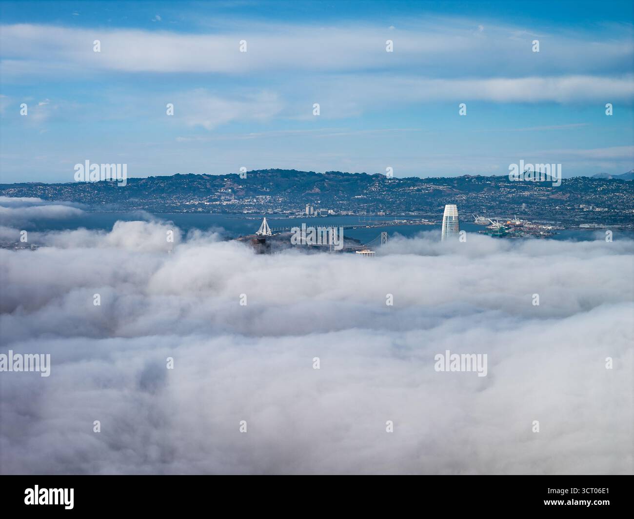 Aerial View of San Francisco with Fog, Bay Bridge, and Salesforce Tower ...