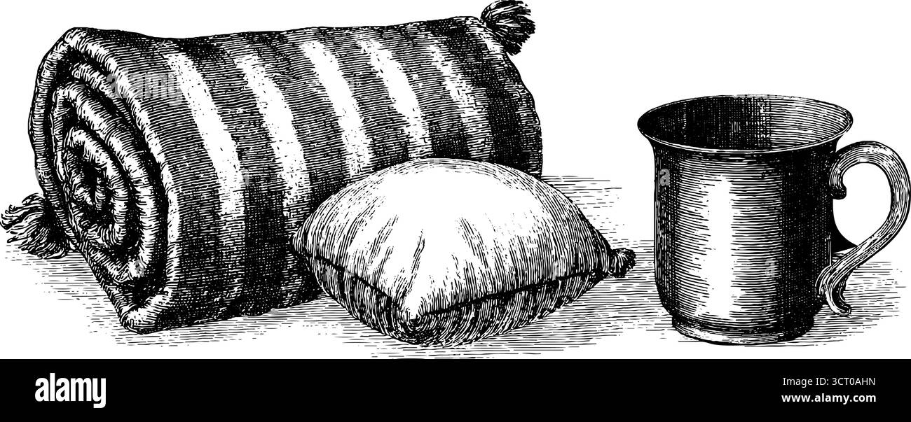 Vintage engraved illustration of knitted blanket and mug set for cozy ...