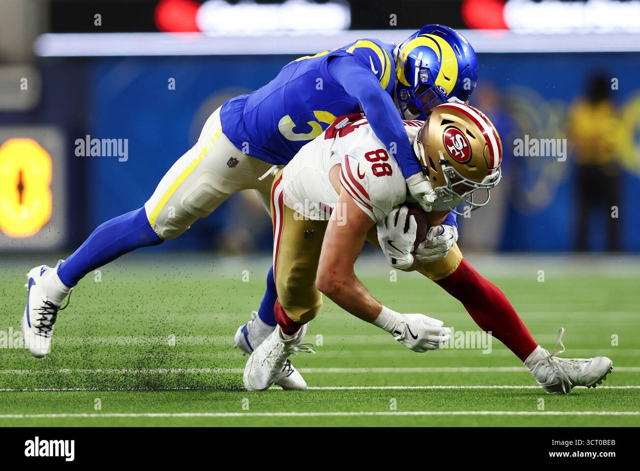 San Francisco 49ers tight end Jake Tonges is tackled during the second ...