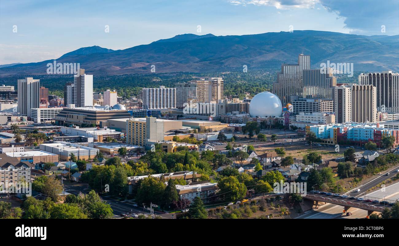 Aerial View of Downtown Reno Skyline with Silver Legacy Dome Stock ...