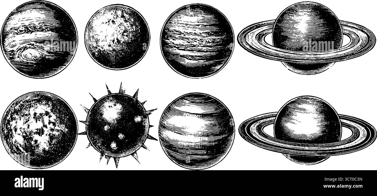 Vintage engraving collection of planetary spheres and celestial bodies ...