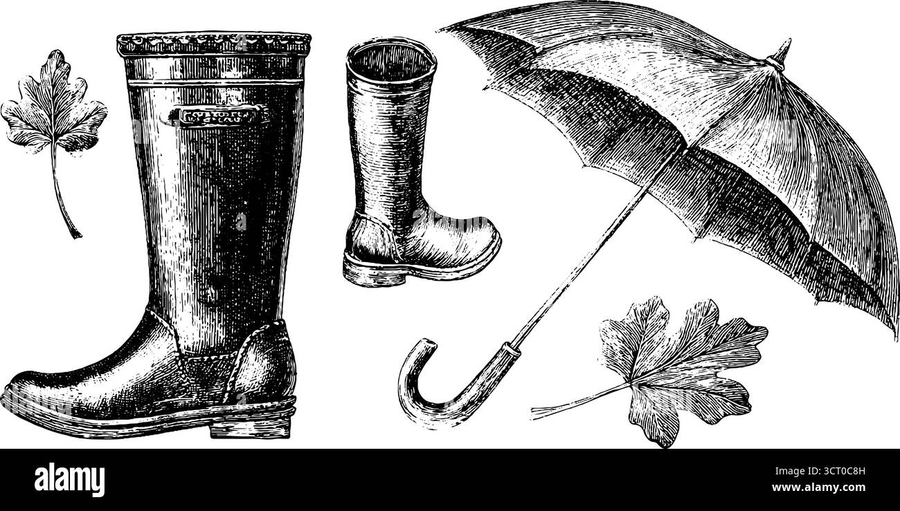 Vintage rain boot and umbrella engraving set with leaves for retro ...