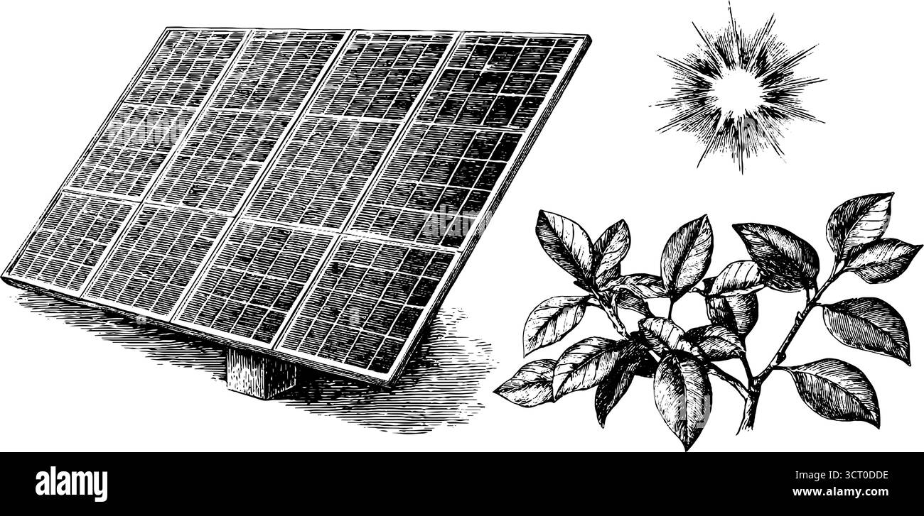 Engraved illustration set featuring solar panel and leaf for eco design ...