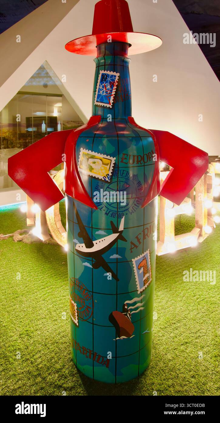 Large bottle with graphics showing world exports of Tio Pepe fino ...