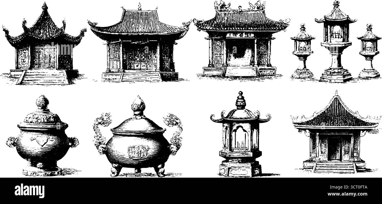Oriental temple engravings collection featuring pagodas and lanterns ...