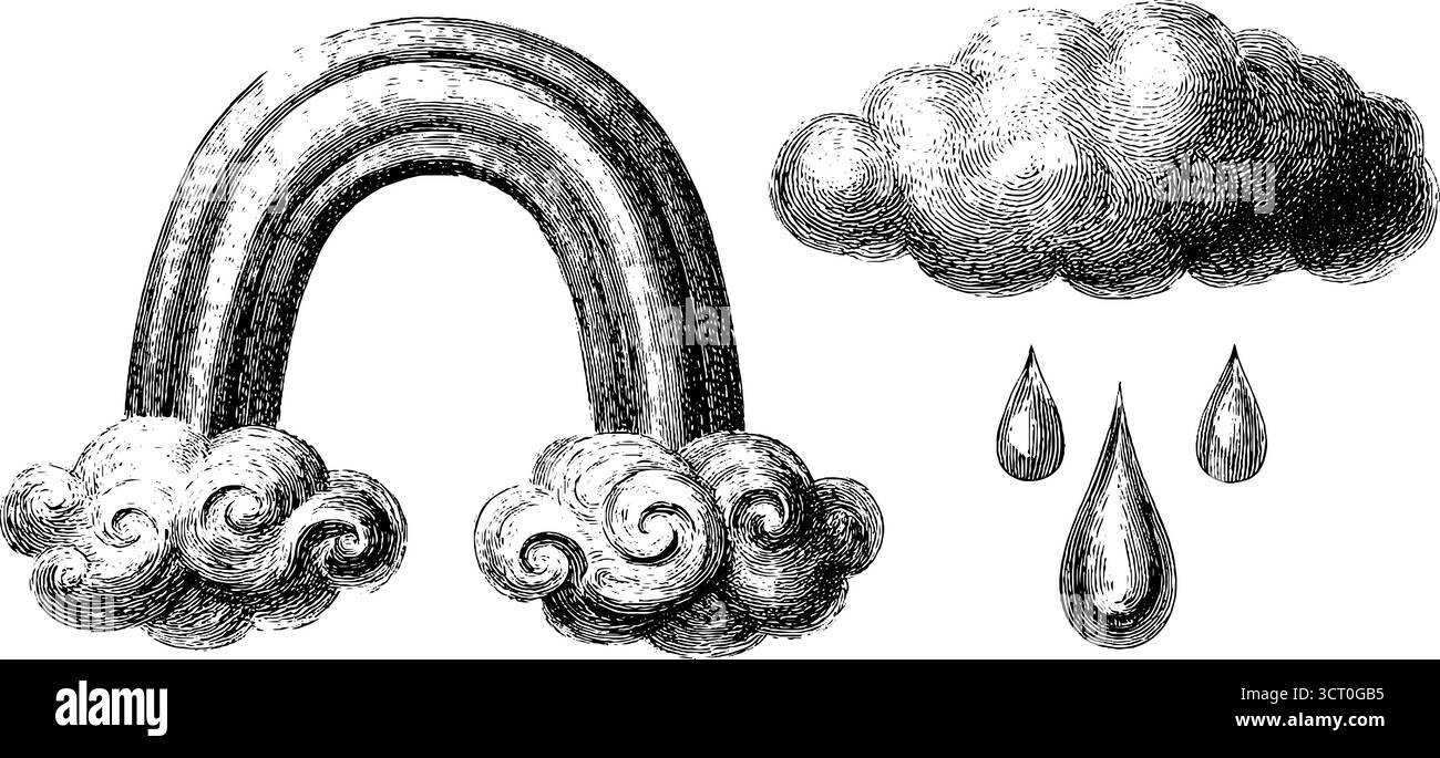 Vintage engraved rainbow set featuring arch shape and clouds - design ...
