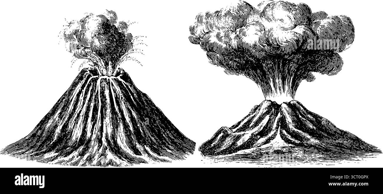 Vintage volcano eruption engraved illustration set for historical ...