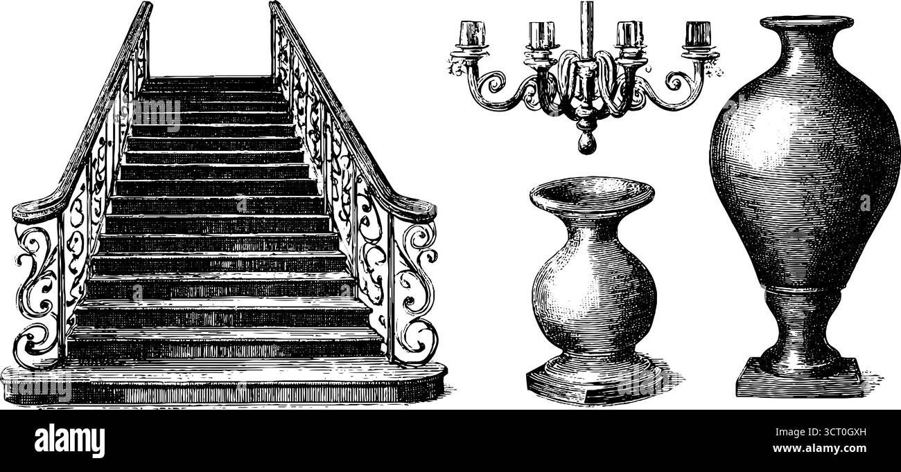 Elegant palace interior elements engraving collection for classic ...