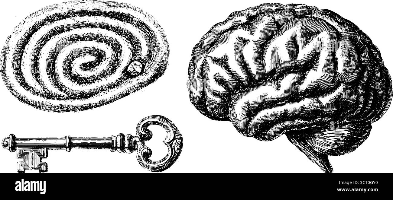 Psychology brain and key engraved illustration set for educational ...