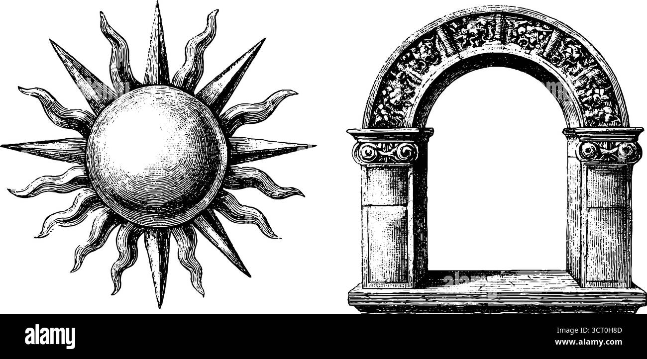 Gothic stained glass engraved illustration set featuring sun motif and ...