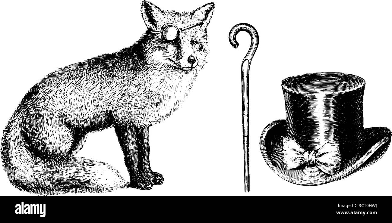 Victorian gentleman's animal portrait with monocle, top hat, and cane ...