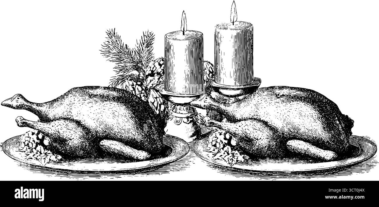 Winter feast celebration with engraved roast and candlelight - vintage ...