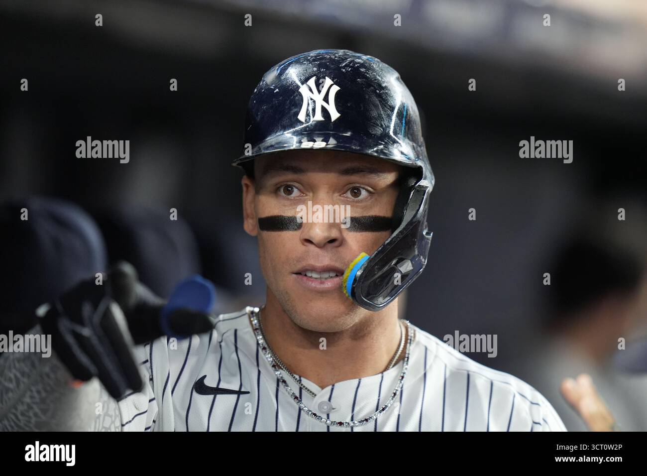 New York Yankees' Aaron Judge celebrates with teammates after hitting a ...