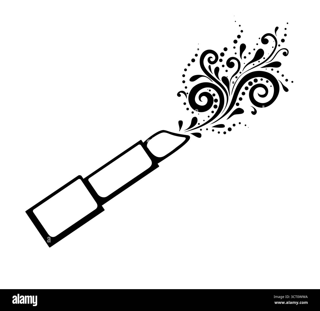 black and white outline of an ink pen with a painted floral design of ...