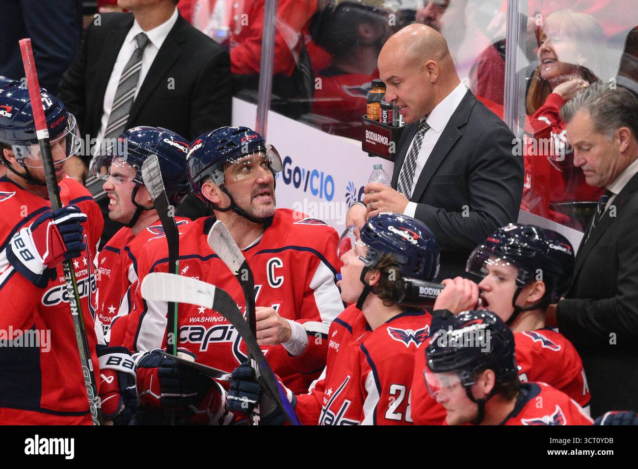 Washington Capitals left wing Alex Ovechkin (8) talks with head coach ...