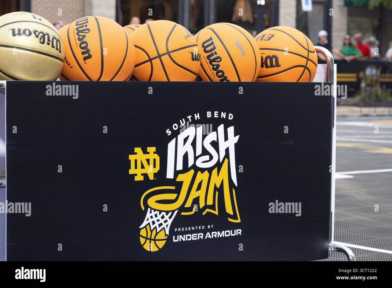South Bend, Indiana, USA. 03rd Oct, 2025. A rack of basketballs with ...