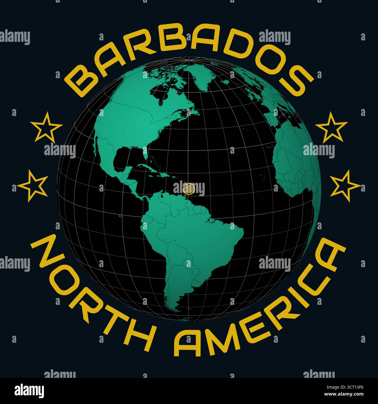 Barbados on Globe. Round country and continent name text. Country view ...