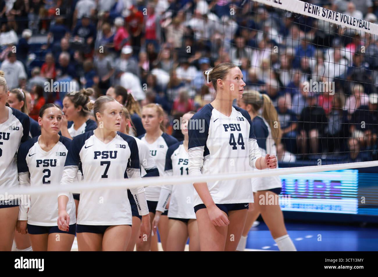 Penn State libero Ava Falduto (2), setter Addie Lyon (7), and middle ...