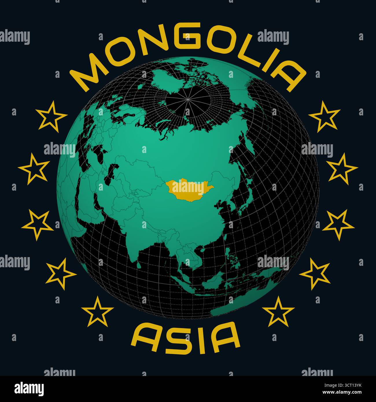 Mongolia on Globe. Round country and continent name text. Country view ...