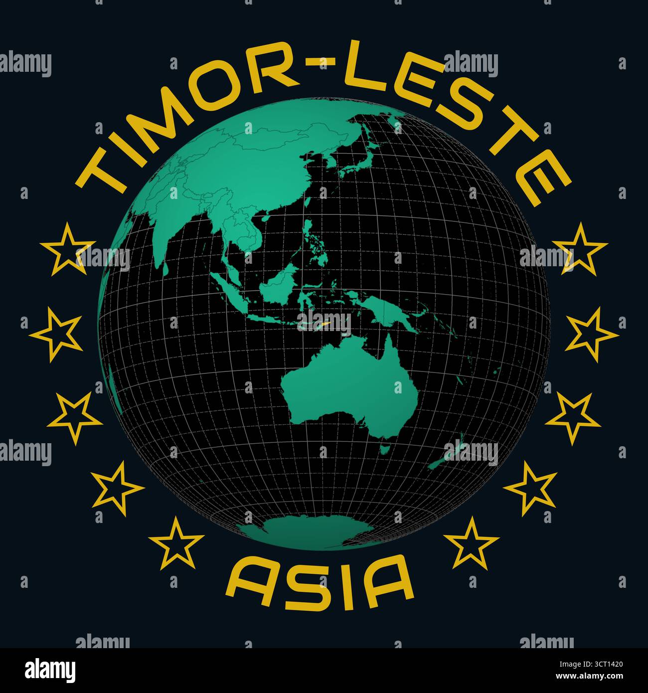 Timor-Leste on Globe. Round country and continent name text. Country ...