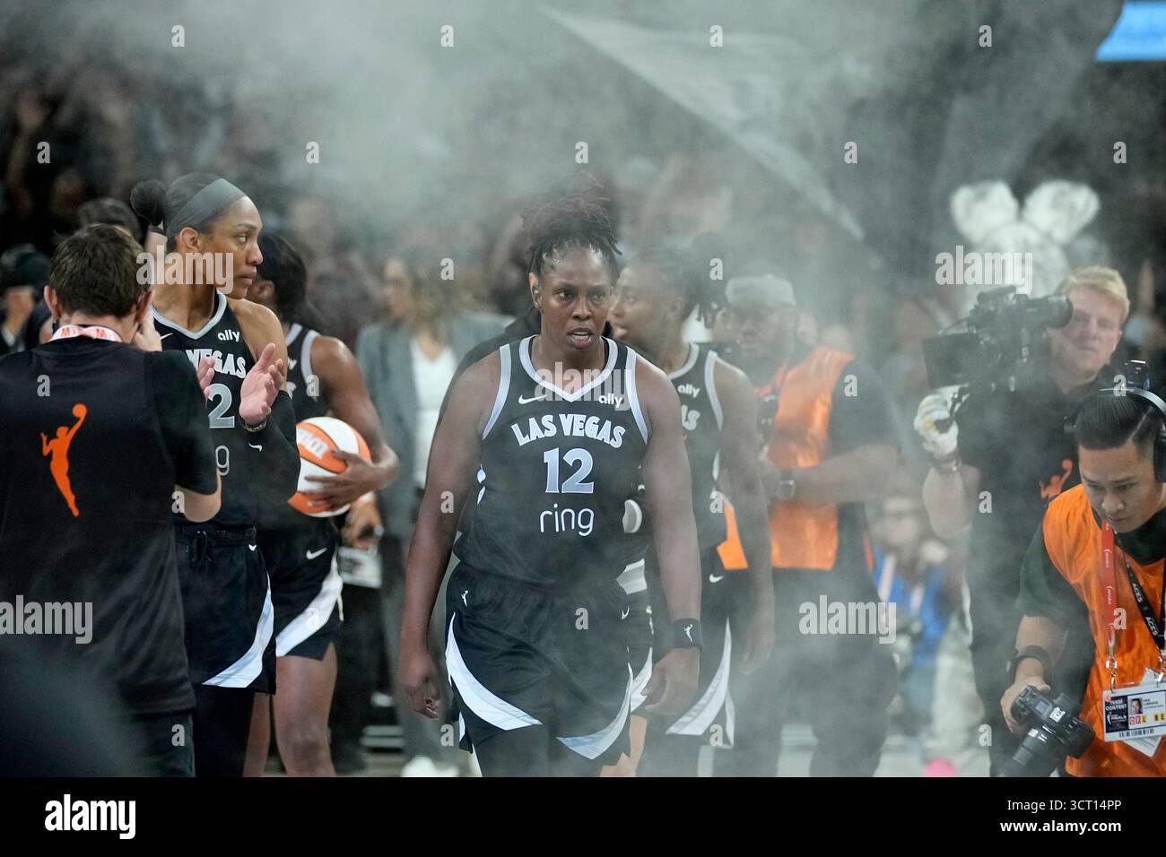 Las Vegas Aces guard Chelsea Gray (12) walk off the court after Game 1 ...