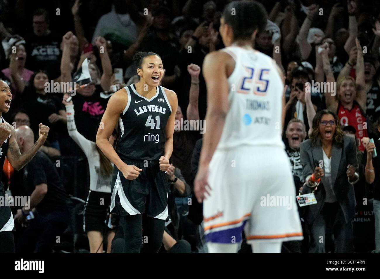 Las Vegas Aces center Kiah Stokes (41) celebrates against the Phoenix ...