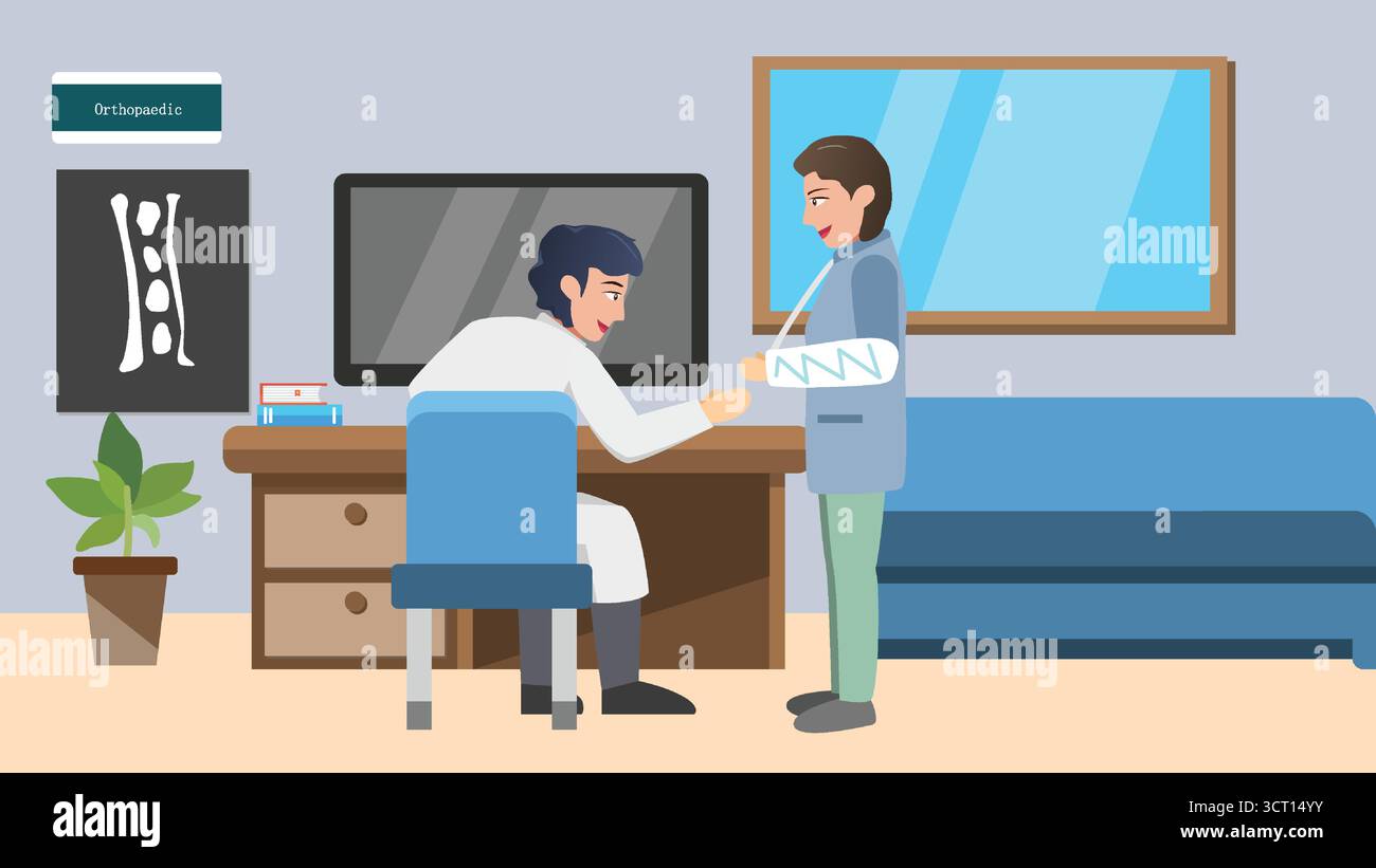 Orthopedic doctor checking patient arm injury hospital vector ...