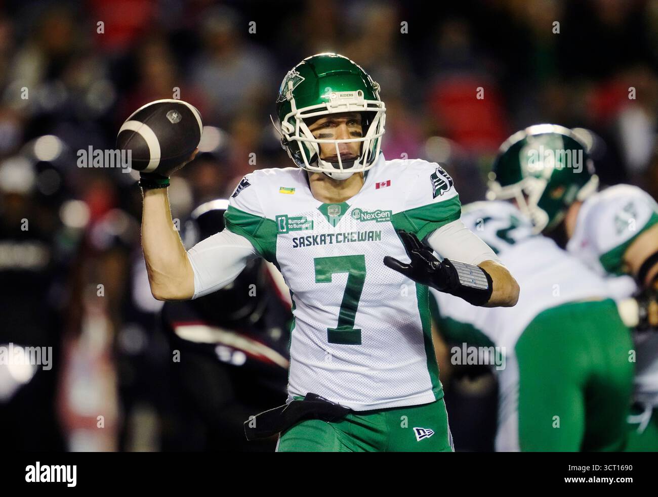 Saskatchewan Roughriders quarterback Trevor Harris (7) attempts a pass ...