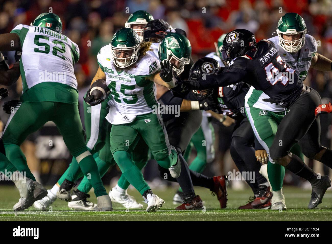 Ottawa, Canada. 03 Oct 2025. A.J. OUELLETTE (45) of the Saskatchewan Roughriders. The visiting ...