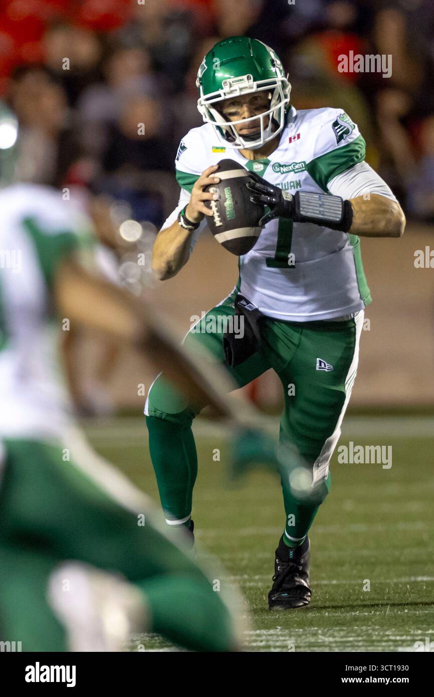 Ottawa, Canada. 03 Oct 2025. Trevor HARRIS (7) of the Saskatchewan ...