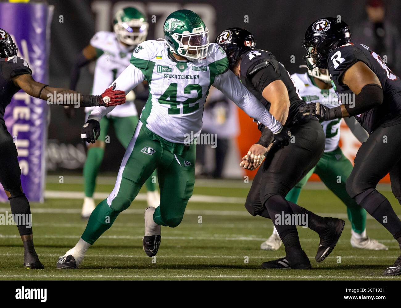 Ottawa, Canada. 03 Oct 2025. Mike ROSE (42) of the Saskatchewan ...