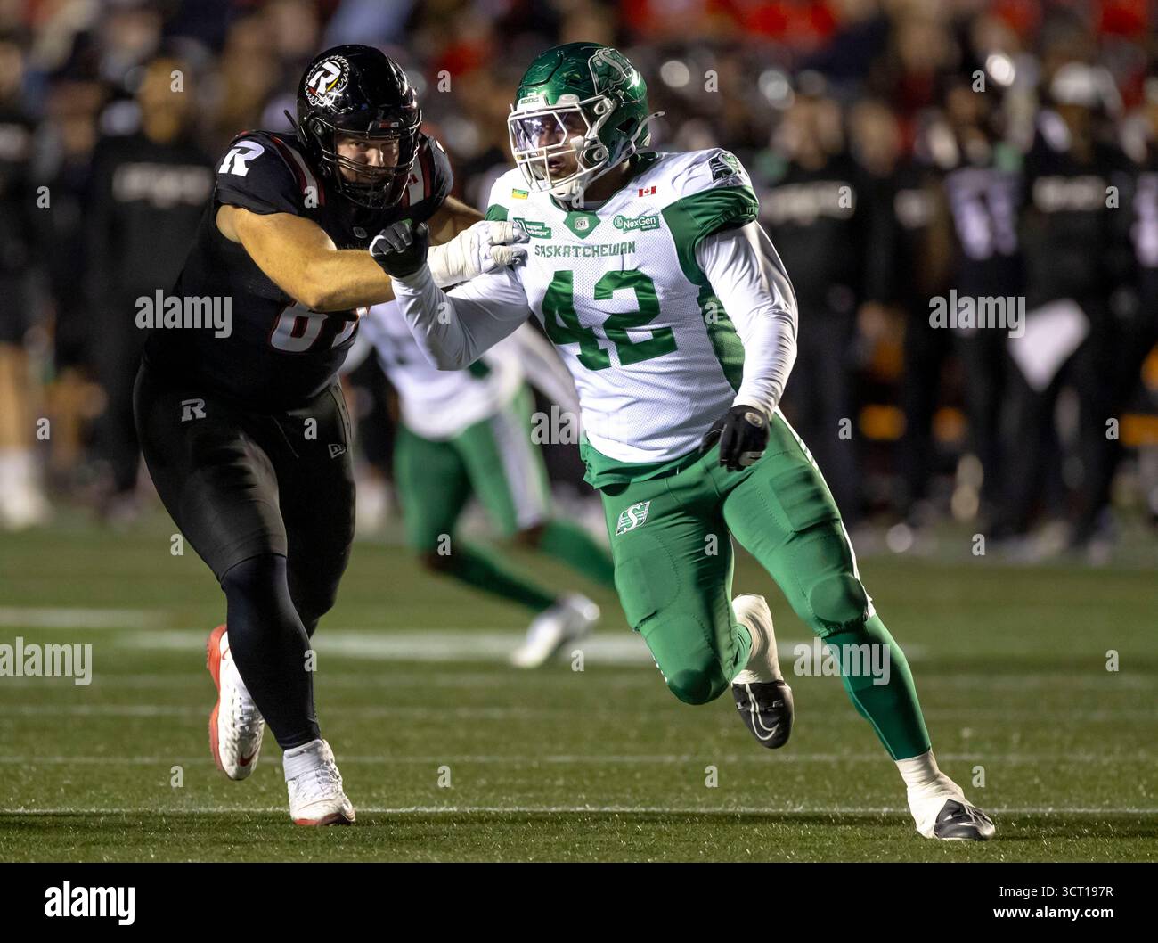 Ottawa, Canada. 03 Oct 2025. Mike ROSE (42) of the Saskatchewan ...