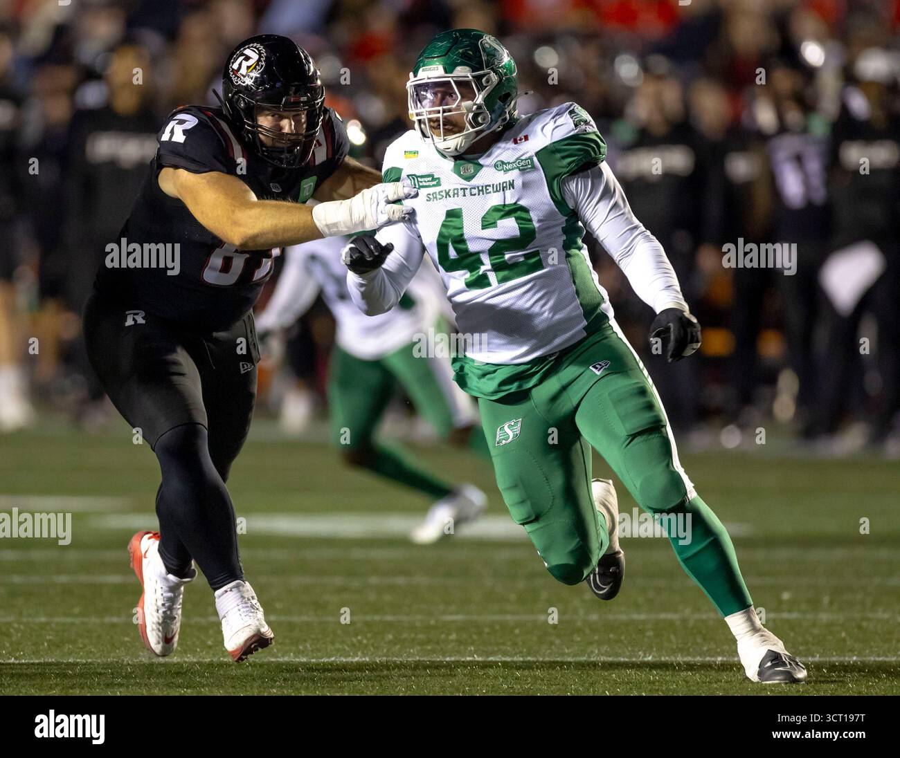 Ottawa, Canada. 03 Oct 2025. Mike ROSE (42) of the Saskatchewan ...