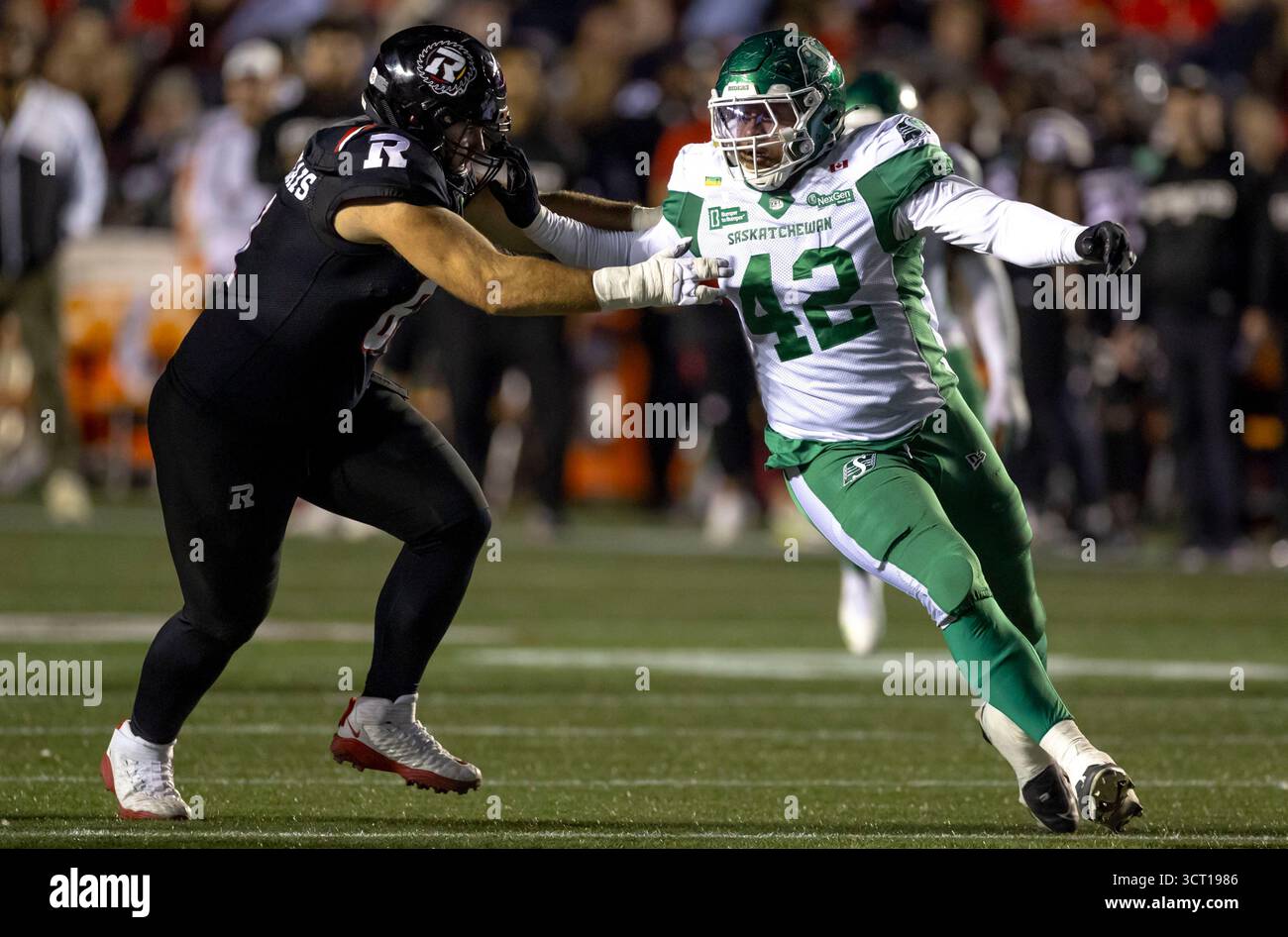 Ottawa, Canada. 03 Oct 2025. Mike ROSE (42) of the Saskatchewan ...