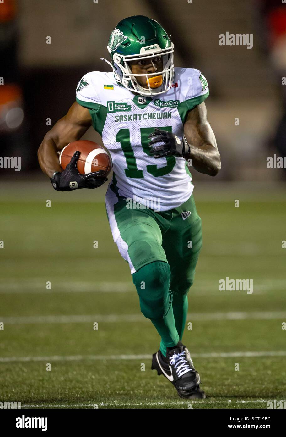 Ottawa, Canada. 03 Oct 2025. Shawn BANE JR (15) of the Saskatchewan ...
