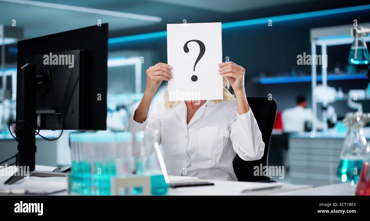 Confused Woman Hiding Behind Question Mark Sign Stock Photo - Alamy