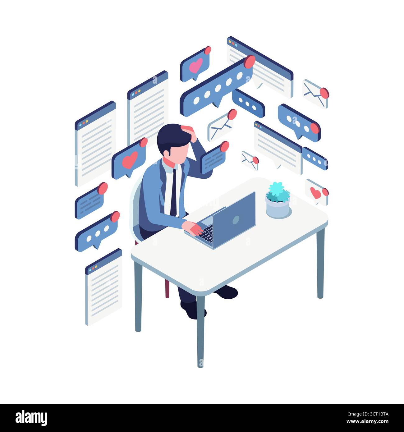 Isometric Burnout Worker Overwhelmed by Online Notifications and ...