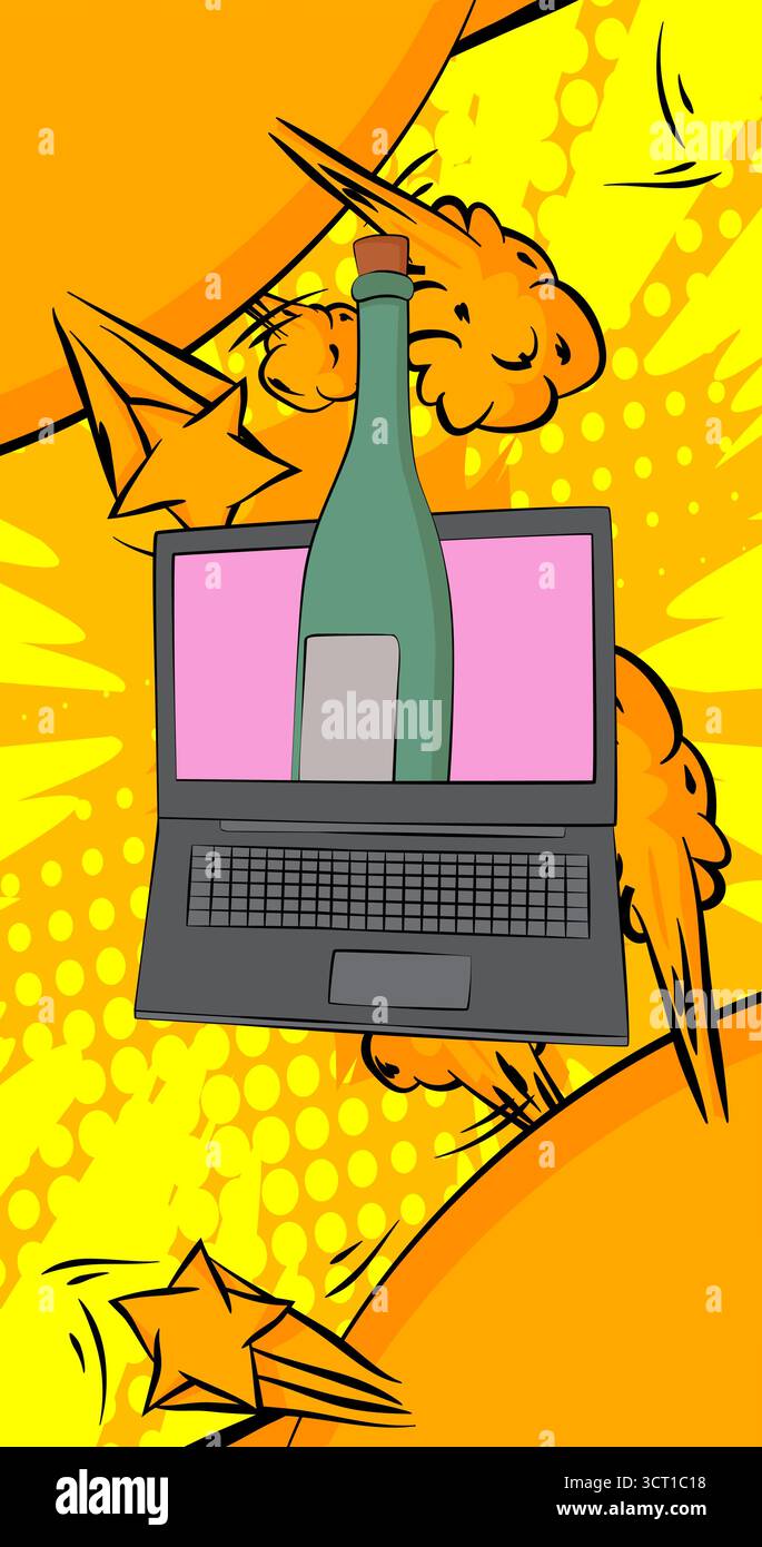 Cartoon Laptop, comic book Notebook with glass bottle. Retro vector ...