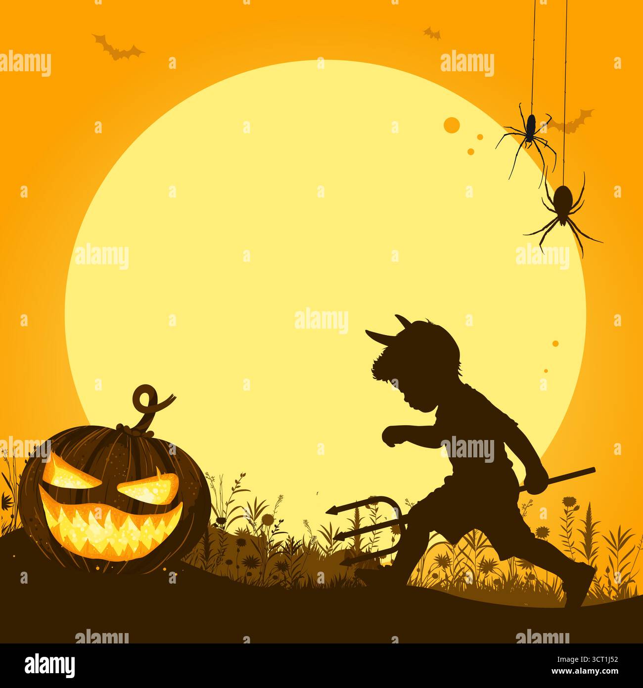 halloween night with devil kid and pumpkin vector illustration Stock ...