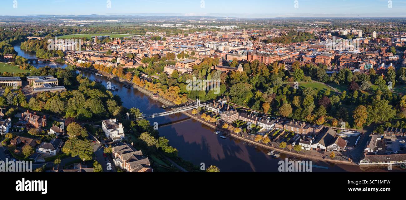 Sunrise aerial panorama of Chester city with River Dee, Grosvenor Park ...